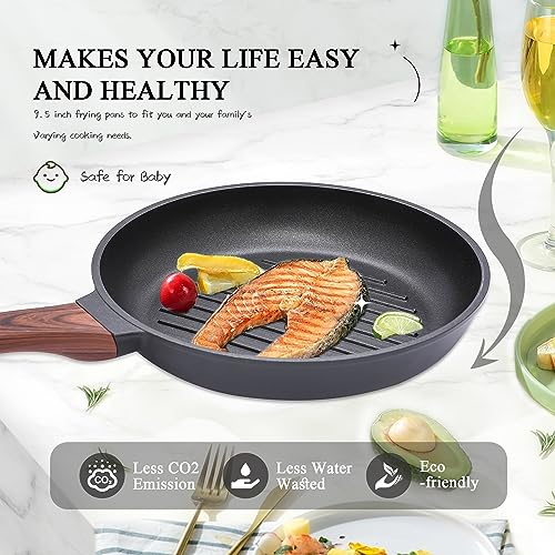 Vinchef 10 Inch Aluminum Nonstick Grill Pan for Stove Tops|Round Grill Pan With Wooden Stay Cool Handle|Induction Compatible