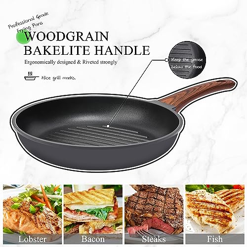 Vinchef 10 Inch Aluminum Nonstick Grill Pan for Stove Tops|Round Grill Pan With Wooden Stay Cool Handle|Induction Compatible