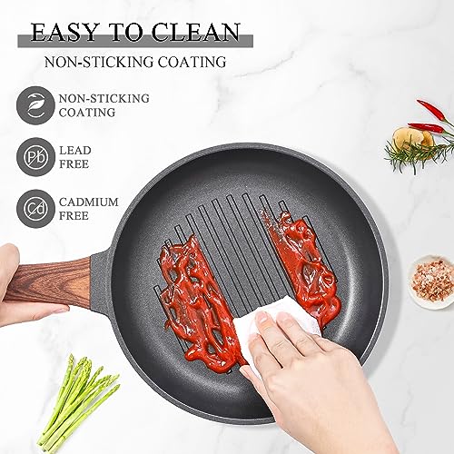 Vinchef 10 Inch Aluminum Nonstick Grill Pan for Stove Tops|Round Grill Pan With Wooden Stay Cool Handle|Induction Compatible