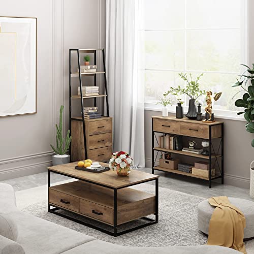 URKNO Console Table with Drawers, Rustic Hallway Table with Storage Shelves, Narrow Long Sofa Entryway Table for Living Room, Metal Frame, Rustic Brown