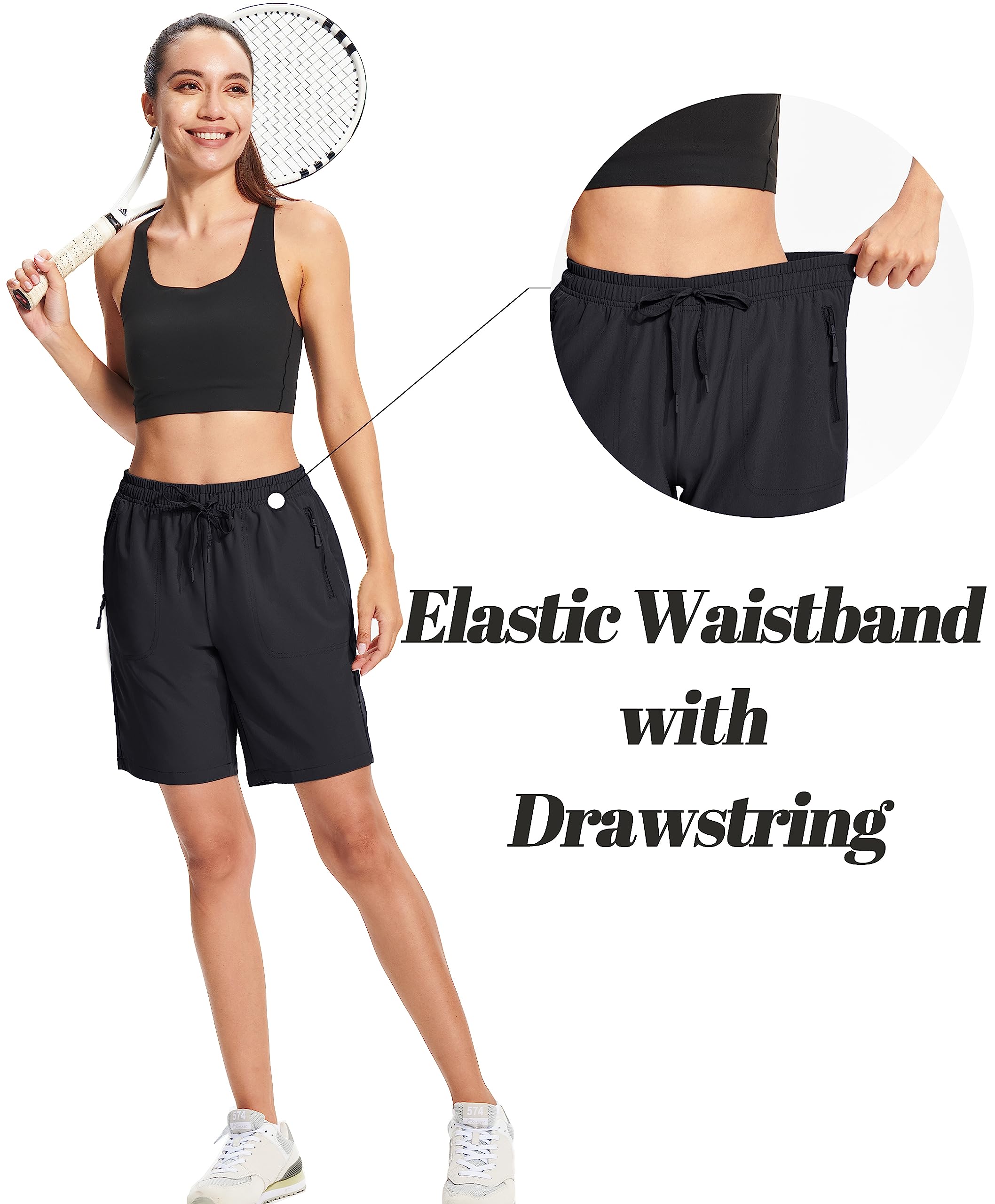 MAGCOMSEN Hiking Shorts Woman Lightweight 8 Inch Inseam with Pockets Water Resistant Running Shorts Black M