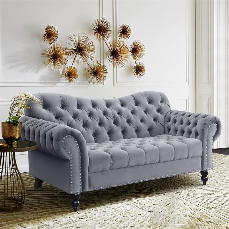 Lexicon Rosalie 72.5" Velvet Loveseat with Nailhead in Dark Gray