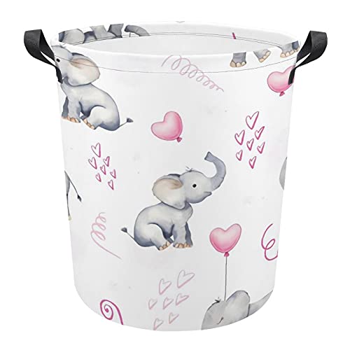 RENJUNDUN Pink Balloon Elephant Laundry Basket Foldable Laundry Hamper with Handles Collapsible Laundry Bucket for Toy Clothes Book, 17.3'' H x 16.5''D