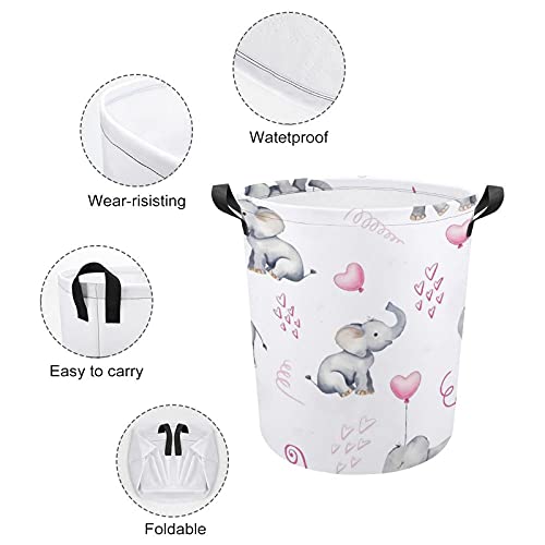 RENJUNDUN Pink Balloon Elephant Laundry Basket Foldable Laundry Hamper with Handles Collapsible Laundry Bucket for Toy Clothes Book, 17.3'' H x 16.5''D