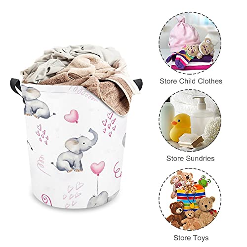 RENJUNDUN Pink Balloon Elephant Laundry Basket Foldable Laundry Hamper with Handles Collapsible Laundry Bucket for Toy Clothes Book, 17.3'' H x 16.5''D