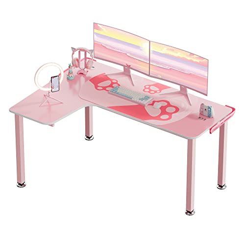DESIGNA Pink Gaming Desk, 60 inch Pink L Shaped Gaming Desk, with Full Covered Cute Pink Desk mat for Girl Gaming Desk Pink, Easy to Assemble, Left Side