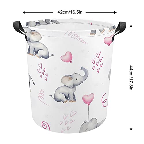 RENJUNDUN Pink Balloon Elephant Laundry Basket Foldable Laundry Hamper with Handles Collapsible Laundry Bucket for Toy Clothes Book, 17.3'' H x 16.5''D