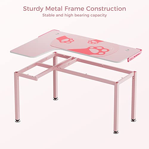 DESIGNA Pink Gaming Desk, 60 inch Pink L Shaped Gaming Desk, with Full Covered Cute Pink Desk mat for Girl Gaming Desk Pink, Easy to Assemble, Left Side