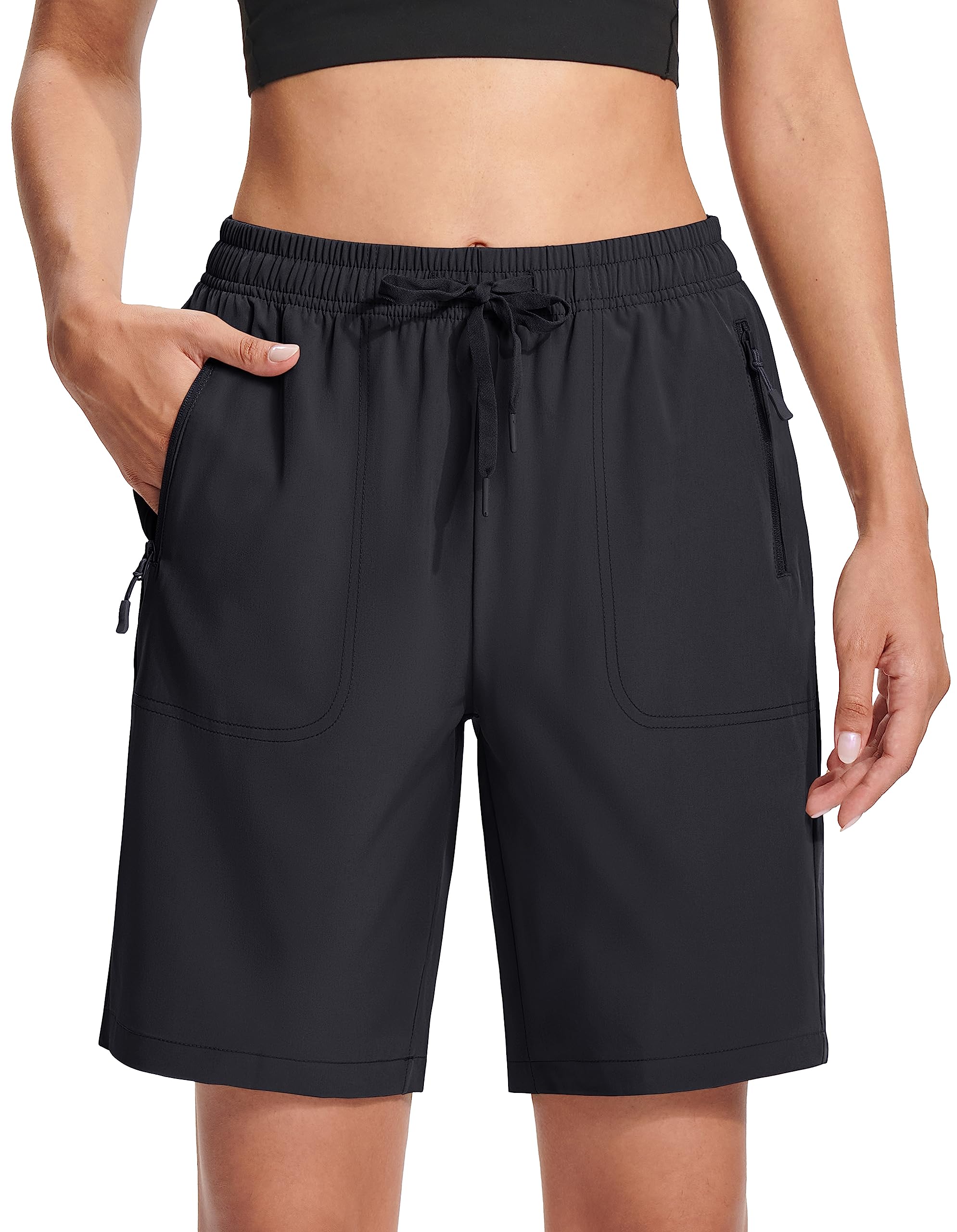 MAGCOMSEN Hiking Shorts Woman Lightweight 8 Inch Inseam with Pockets Water Resistant Running Shorts Black M