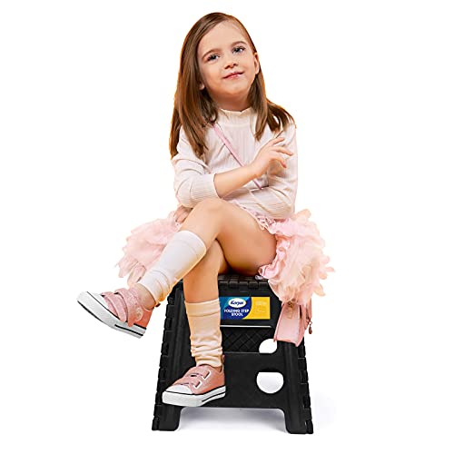 Korpai 13" Folding Step Stool for Adults and Kids Holds Up to 300 lbs,Non-Slip Folding Stools with Portable Handle, Compact Plastic Foldable Step Stool for Bathroom,Bedroom, Kitchen,Black,1PC