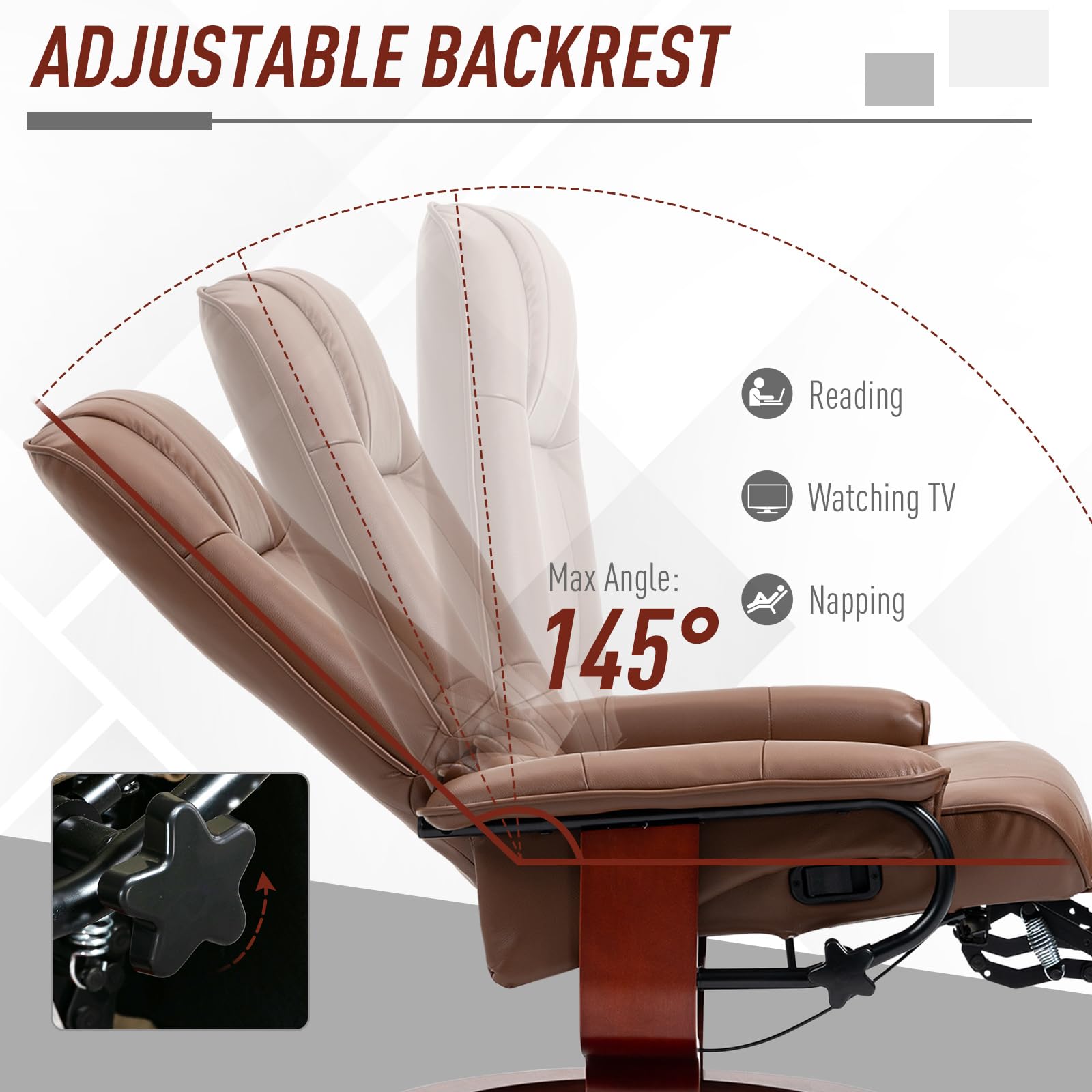 HOMCOM Faux Leather Manual Recliner, Adjustable Swivel Lounge Chair with Footrest, Armrest and Wrapped Wood Base for Living Room, Brown