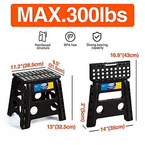 Korpai 13" Folding Step Stool for Adults and Kids Holds Up to 300 lbs,Non-Slip Folding Stools with Portable Handle, Compact Plastic Foldable Step Stool for Bathroom,Bedroom, Kitchen,Black,1PC
