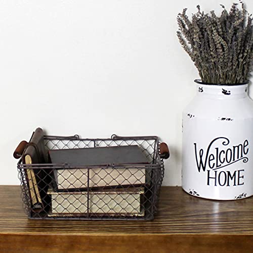 CVHOMEDECO. Primitive Chicken Wire Gathering Baskets with Wood Handle Rectangular Farmhouse Storage Baskets Set, Rusty, Set of 3
