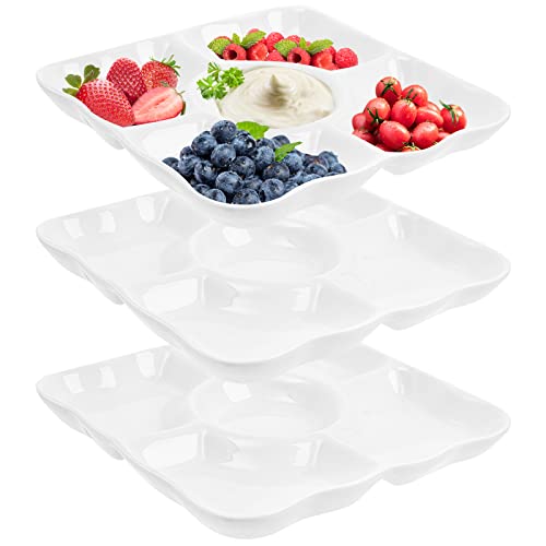 Okllen 3 Pack Porcelain Divided Serving Tray, White Appetizer Tray Platter for Chips and Dip, 5 Compartments Decorative Fruit Veggie Tray Candy Snacks Dishes, Square, 9.5" L x 9.5" W x 1" H