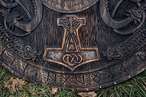 Kasmiartgallery Medieval Viking Shield with Carved Norse Runic Ornaments Shield Celtic Ornament Green