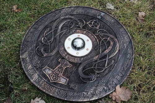 Kasmiartgallery Medieval Viking Shield with Carved Norse Runic Ornaments Shield Celtic Ornament Green