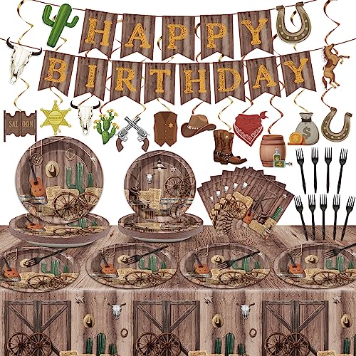 Western Cowboy Tableware Cowboy Party Tableware Set Vintage Farmhouse Birthday Cowboy Hats Boots Disposable Tablecloths Cowboy Banner for Birthday Little Cowboy Decoration Supplies Favors 24 Guests