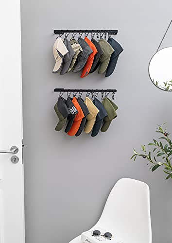 Dahey Hat Rack for Wall Baseball Hat Organizer Hanger Caps Holder with 20 Clips Metal Wall Mounted Cap Organizer for Closet Door Bedroom Entryway Laundry,Set of 2,Black