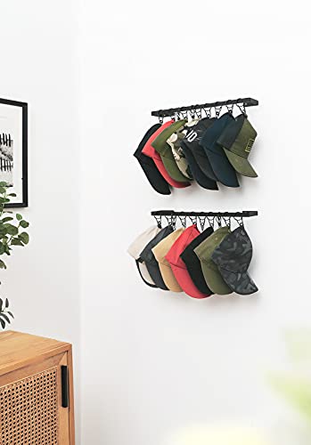 Dahey Hat Rack for Wall Baseball Hat Organizer Hanger Caps Holder with 20 Clips Metal Wall Mounted Cap Organizer for Closet Door Bedroom Entryway Laundry,Set of 2,Black