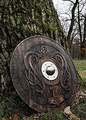 Kasmiartgallery Medieval Viking Shield with Carved Norse Runic Ornaments Shield Celtic Ornament Green