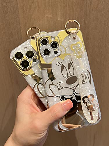 Filaco Cartoon Case for iPhone 12 Pro Max 6.7", Cute Golden Minnie Sparkle Bling Cover with Metal Chain Strap, Wrist Strap Kickstand Soft TPU Shockproof Protective for Women & Girls