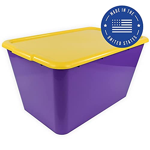 SIMPLYKLEEN 14.5-gal. (58-qt.) Plastic Storage Containers with Lid, Fan-Tastic Storage Bins Purple/Gold (Pack of 4)