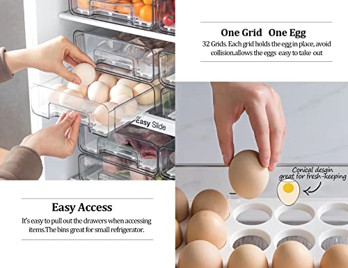 YouLike 1pack Stackable Refrigerator Organizer Drawer for Kitchen Clear Plastic Storage Bins 2-tiers Containers With Removeable Egg Racks 32grids Egg Holder Cabinet Office Pantry Pull Out Bins