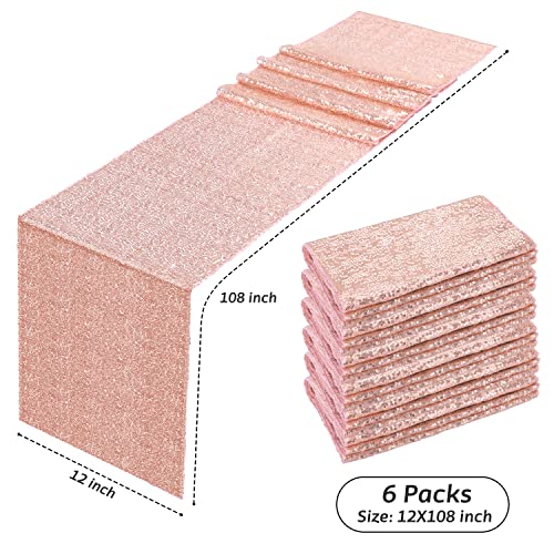 6 Pack Sequin Table Runner Rose Gold, 12 x 108 inch Glitter Rose Gold Table Runner for Rectangle Table for Birthday, Wedding, Banquet, Holiday Party Decorations, Christmas Gift & Baby Shower