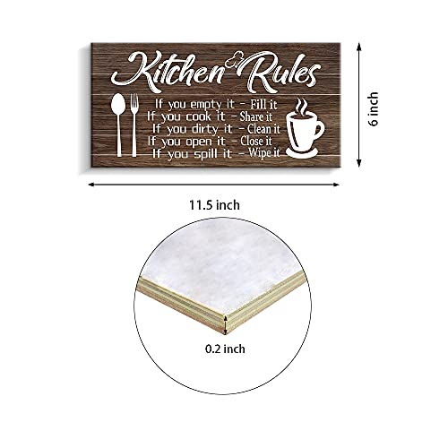 Pinetree Art Kitchen Rules Wall Decor Rustic Farmhouse Funny Kitchen Quote Wood Wall Sign Modern Home Wooden Signs for Kitchen Decoration (6" X 11.5", brown)