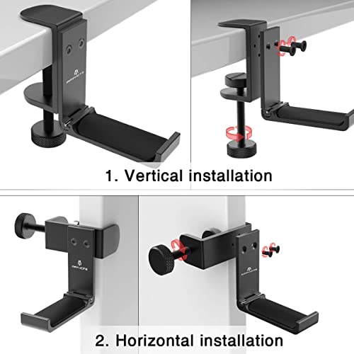 APPHOME 2 Pack Foldable Headphone Stand, Under Desk Headset Hanger Hook Holder, Aluminum PC Gaming Headset Holder for Desk, Non-Slip Desk Hook Space Save Universal Headphone Mount Clamp (Black)