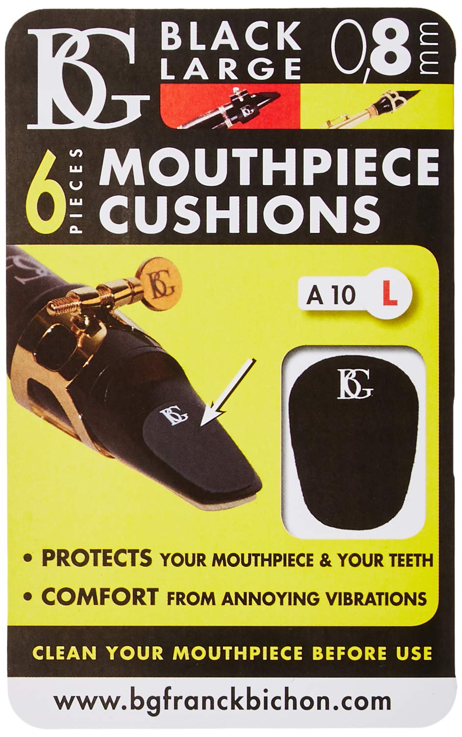 BG A10L Large Mouthpiece, 0.8mm Patches, 6 Pack - Black