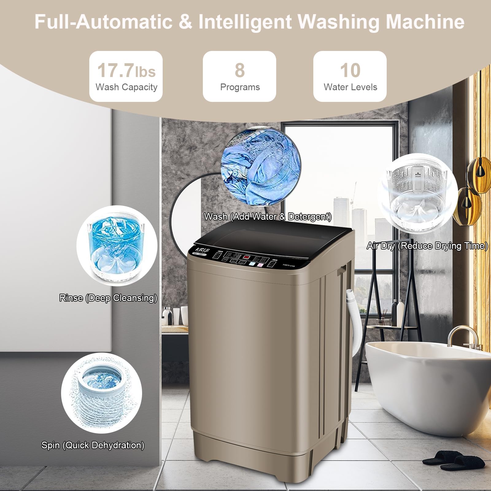 KRIB BLING 17.7 lbs Full Automatic Washing Machine with LED Display Compact Washing Machine with Drain Dump, 10 Wash Programs and 8 Water Levels Ideal for Dorms, Apartments, RV, Gold, KB03 GOLD6-3
