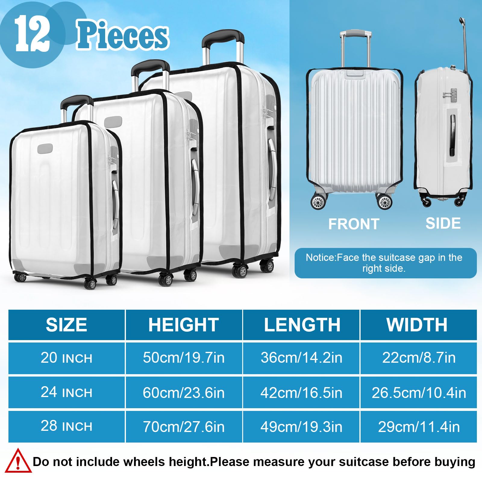 Windyun 12 Pcs Clear Luggage Cover Protector PVC Suitcase Cover Waterproof Dustproof Transparent Luggage Protector for Travel Wheeled Suitcase, Black Border (20 Inch, 24 Inch, 28 Inch)