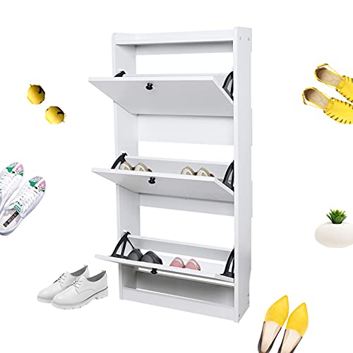 DYRABREST 3 Drawer Shoe Cabinet White,Shoe Storage with 3 Flip Doors Adjustable Shelf Freestanding Organizer for Entryway,Narrow Shoe Rack Storage Organizer Cabinet, Single-Turn, 3-Layer Shoe Cabinet