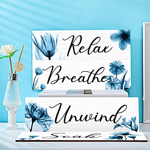 Maitys 4 Pieces Bathroom Wall Art Decor Relax Soak Unwind Breathe Elegant Tulip Rustic Farmhouse Bathroom Wood Hanging Sign Bathroom Wooden Wall Plaque for Home (Blue)