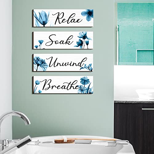 Maitys 4 Pieces Bathroom Wall Art Decor Relax Soak Unwind Breathe Elegant Tulip Rustic Farmhouse Bathroom Wood Hanging Sign Bathroom Wooden Wall Plaque for Home (Blue)