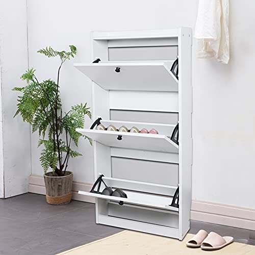 DYRABREST 3 Drawer Shoe Cabinet White,Shoe Storage with 3 Flip Doors Adjustable Shelf Freestanding Organizer for Entryway,Narrow Shoe Rack Storage Organizer Cabinet, Single-Turn, 3-Layer Shoe Cabinet