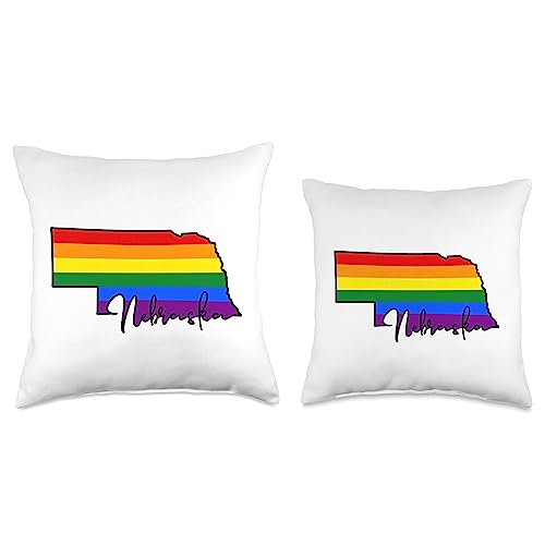Nebraska Map USA State Rainbow Pride Flag Map USA State Nebraska Rainbow Flag Pride Month Throw Pillow, 16x16, Multicolor