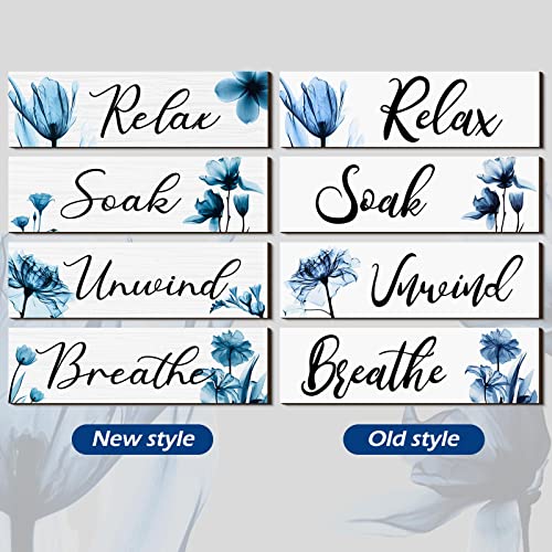 Maitys 4 Pieces Bathroom Wall Art Decor Relax Soak Unwind Breathe Elegant Tulip Rustic Farmhouse Bathroom Wood Hanging Sign Bathroom Wooden Wall Plaque for Home (Blue)