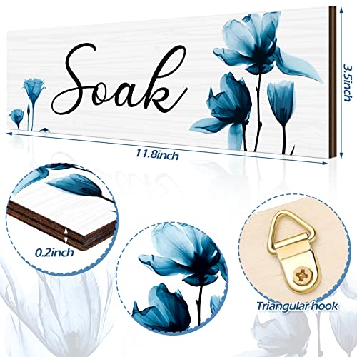 Maitys 4 Pieces Bathroom Wall Art Decor Relax Soak Unwind Breathe Elegant Tulip Rustic Farmhouse Bathroom Wood Hanging Sign Bathroom Wooden Wall Plaque for Home (Blue)