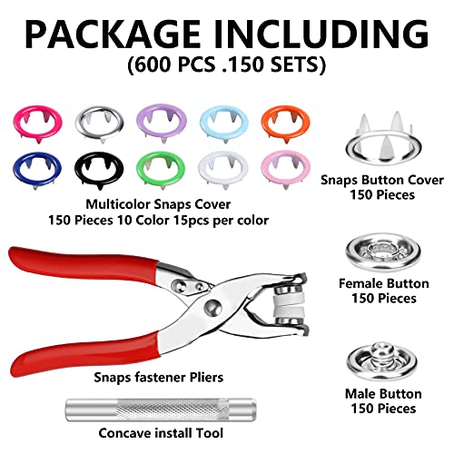 150 Sets Snap Button Snap Fastener kit Snaps 9.5mm Metal Snaps Buttons with Fastener Pliers Press Tool Kit Perfect for DIY Crafts Clothes Hats and Sewing(10 Colors)