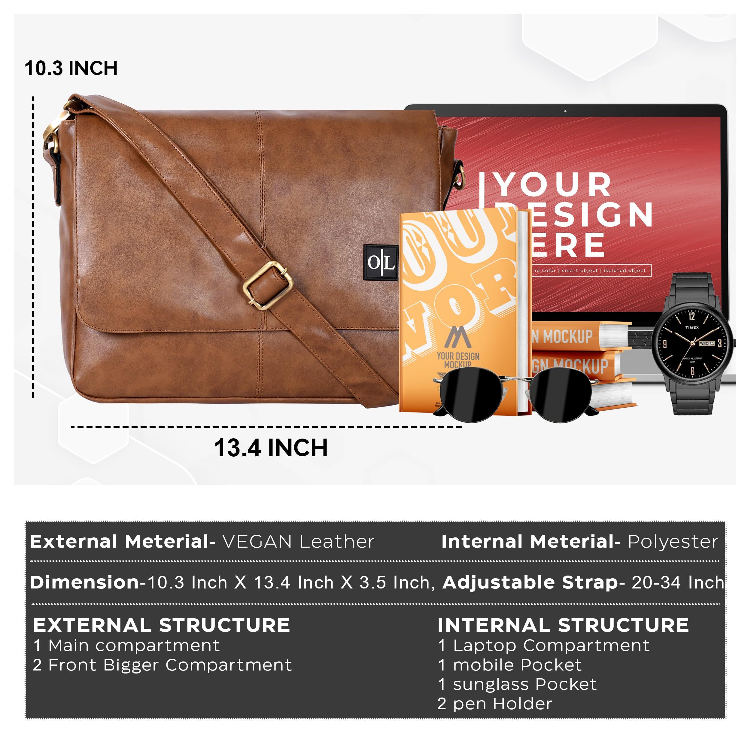 Oak Leathers Tan Leather Laptop Bags For Him And Her | Multiple Compartments | Spacious And Chic | Adjustable Shoulder Satchel