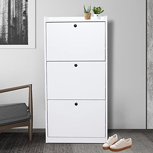 DYRABREST 3 Drawer Shoe Cabinet White,Shoe Storage with 3 Flip Doors Adjustable Shelf Freestanding Organizer for Entryway,Narrow Shoe Rack Storage Organizer Cabinet, Single-Turn, 3-Layer Shoe Cabinet