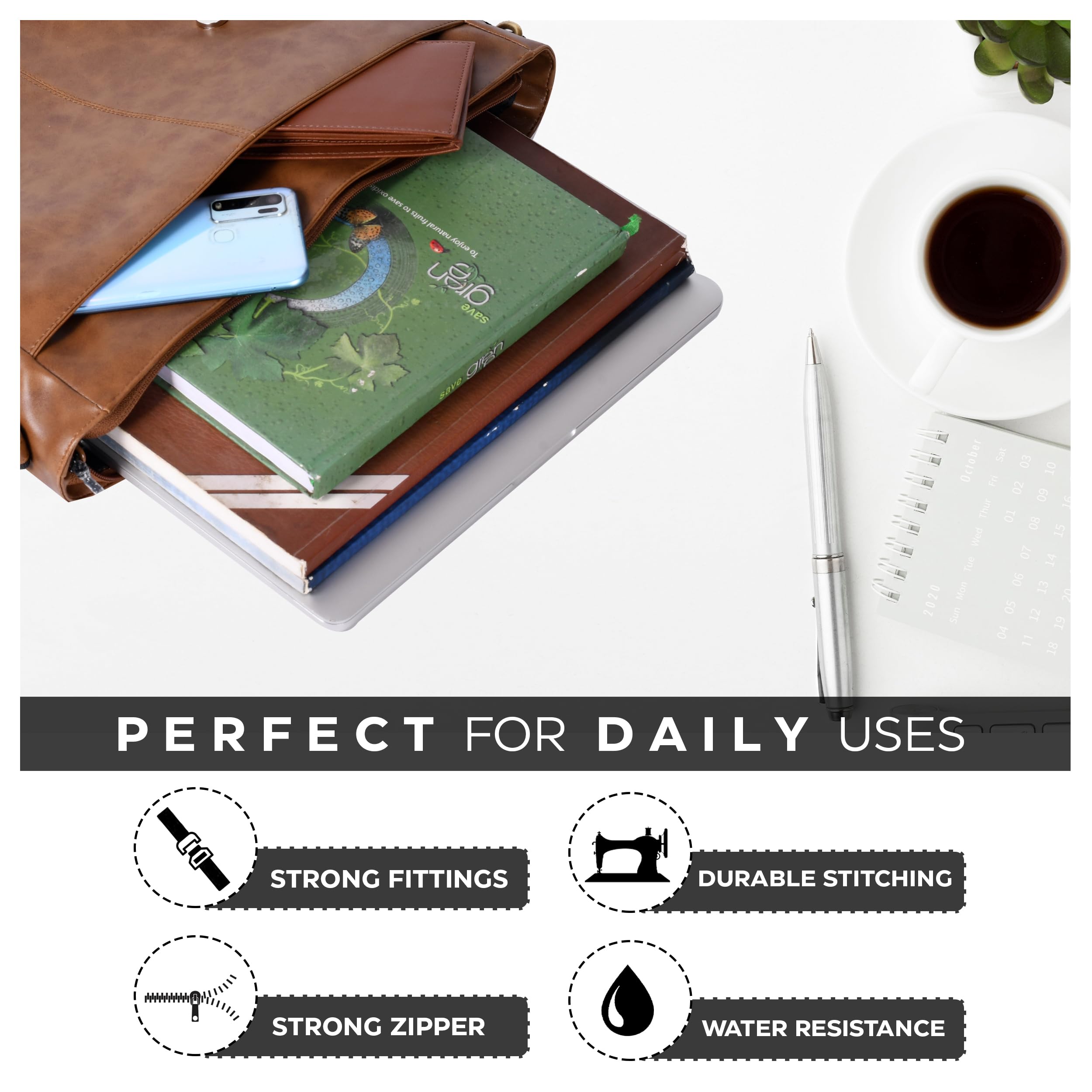 Oak Leathers Tan Leather Laptop Bags For Him And Her | Multiple Compartments | Spacious And Chic | Adjustable Shoulder Satchel
