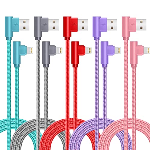 Jeercor iPhone Charger Cord Right Angle Lightning Cable 6FT 5 Pack 90 Degree Nylon Braid Charging Cord Fast Charging Compatible for iPhone 12/12pro/11/11pro/XS/MAX/XR/X/8P/8/7P/7/6 iPad
