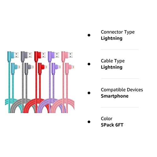 Jeercor iPhone Charger Cord Right Angle Lightning Cable 6FT 5 Pack 90 Degree Nylon Braid Charging Cord Fast Charging Compatible for iPhone 12/12pro/11/11pro/XS/MAX/XR/X/8P/8/7P/7/6 iPad