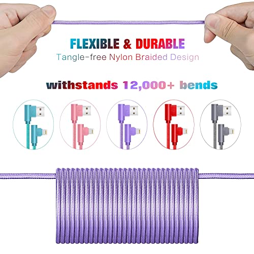 Jeercor iPhone Charger Cord Right Angle Lightning Cable 6FT 5 Pack 90 Degree Nylon Braid Charging Cord Fast Charging Compatible for iPhone 12/12pro/11/11pro/XS/MAX/XR/X/8P/8/7P/7/6 iPad