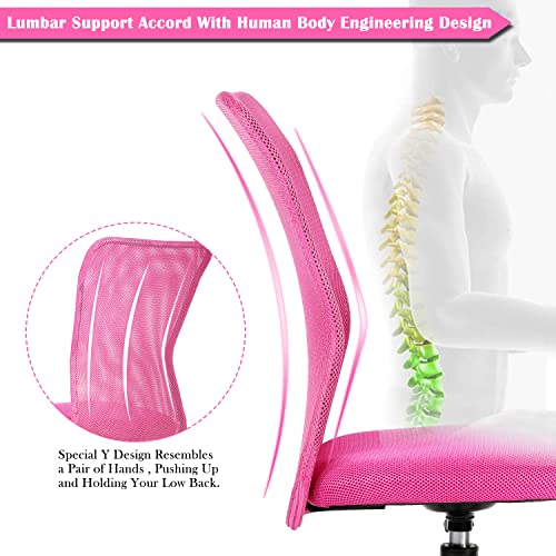 FLL Armless Task Office Chair Ergonomic Computer Desk No Arms Swivel Rolling Chair,Mid Back Executive with Lumbar Support Height Adjustable for Adults(Pink), 20.2 x 16.5 x 40.1 inches