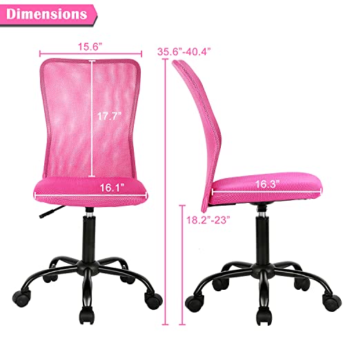 FLL Armless Task Office Chair Ergonomic Computer Desk No Arms Swivel Rolling Chair,Mid Back Executive with Lumbar Support Height Adjustable for Adults(Pink), 20.2 x 16.5 x 40.1 inches