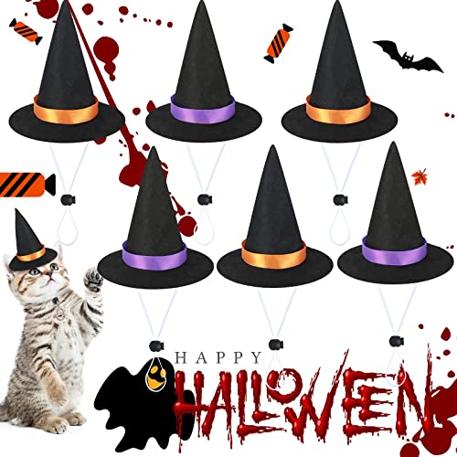 6 Pieces Halloween Cat Witch Hat Puppy Halloween Cosplay Witch Hats with Adjustable Elastic Chin Strap for Pets Cats Small Dogs Cosplay Outfit Halloween Costume Party Decoration Accessories, 2 Styles
